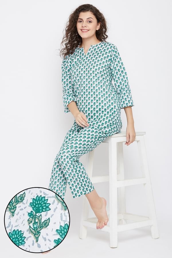 Buy Pretty Florals Top & Pyjama in Teal Green - 100% Cotton Online ...