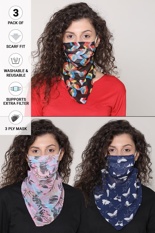 Buy Reusable 3 Layer Printed Scarf Fit Face Masks- Pack of 3 Online ...