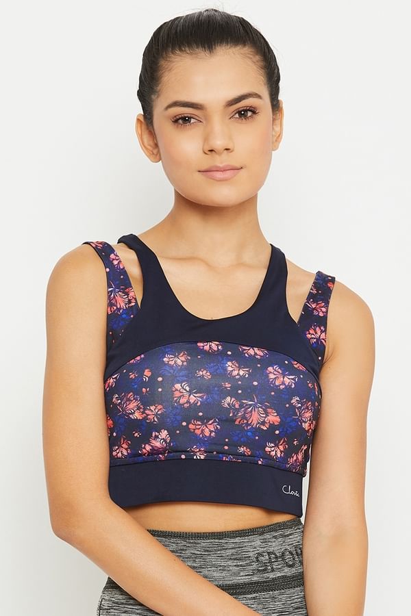 Buy Medium Impact Padded Floral Print Sports Bra in Dark Blue Online ...
