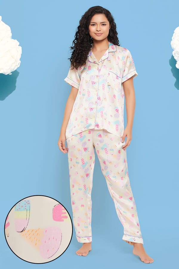 Buy Midnight Cravings Button Down Shirt & Pyjama Set in Cream Colour ...