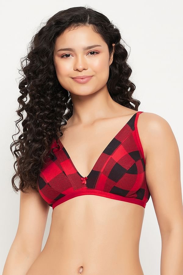 Buy Non Padded Non Wired Demi Cup Checkered Print Plunge Bra In Red