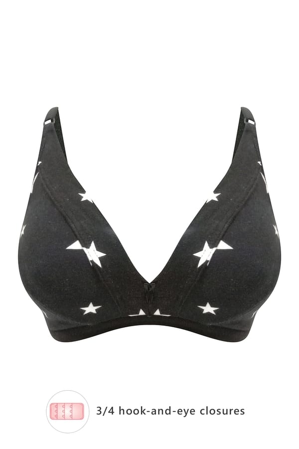 Buy Non-Padded Non-Wired Demi Cup Star Print Plunge Bra in Black - 100% ...