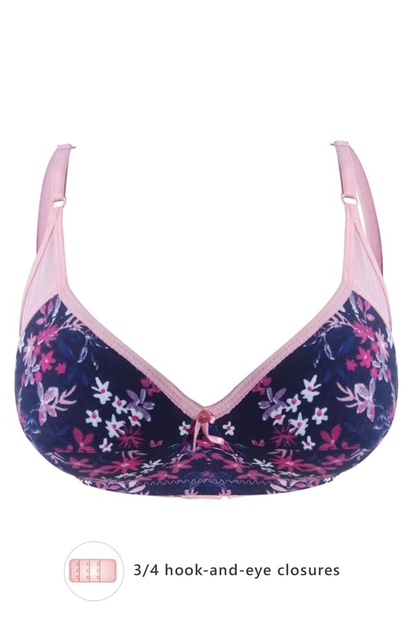 Buy Non-Padded Non-Wired Full Cup Floral Print Bra in Navy- Cotton Online India, Best Prices ...