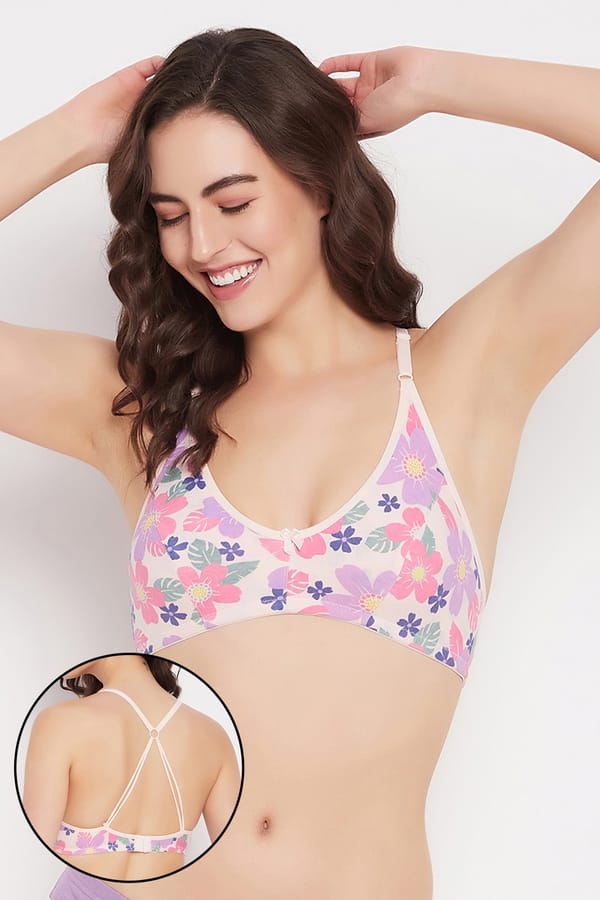 Buy Non-Padded Non-Wired Full Cup Floral Print Racerback Bra in Pink - Cotton Online India, Best ...