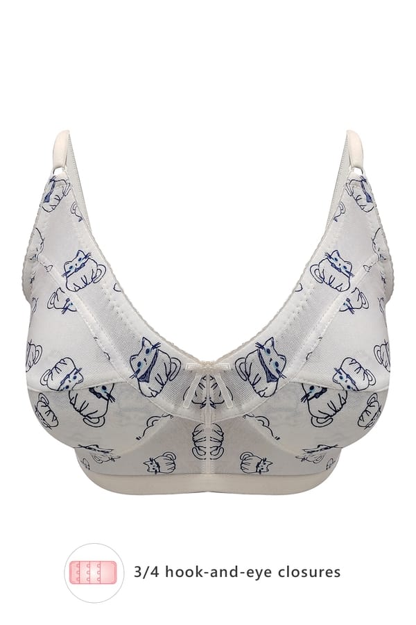 Buy Non-Padded Non-Wired Full Figure Kitty Print Bra in White - Cotton ...