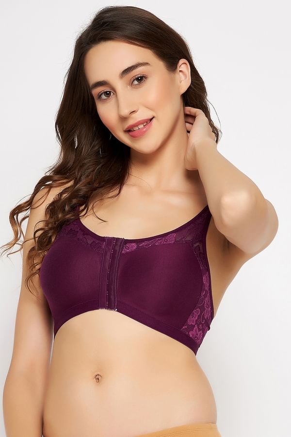 Buy Non-Padded Non-Wired Spacer Cup Easy-On Front Open Full Figure Bra in Wine Colour - Cotton ...