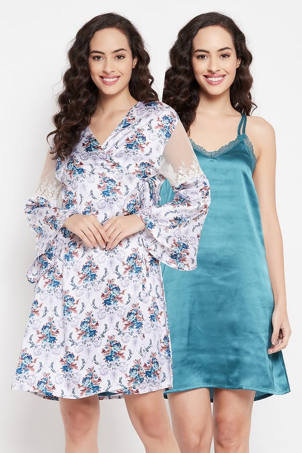 Buy Chic Basic Short Nighty & Pretty Floral Robe Set in Blue & White ...