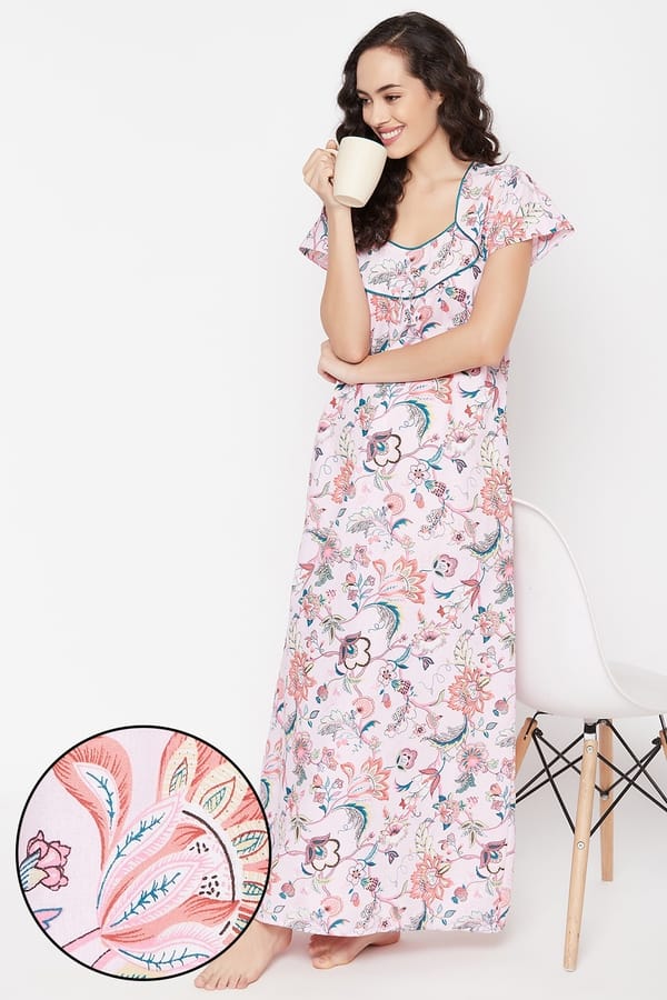 Buy Pretty Florals Long Nighty in Baby Pink - 100% Cotton Online India ...