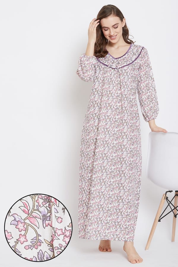 Buy Pretty Florals Long Night Dress in Purple- 100% Cotton Online India ...