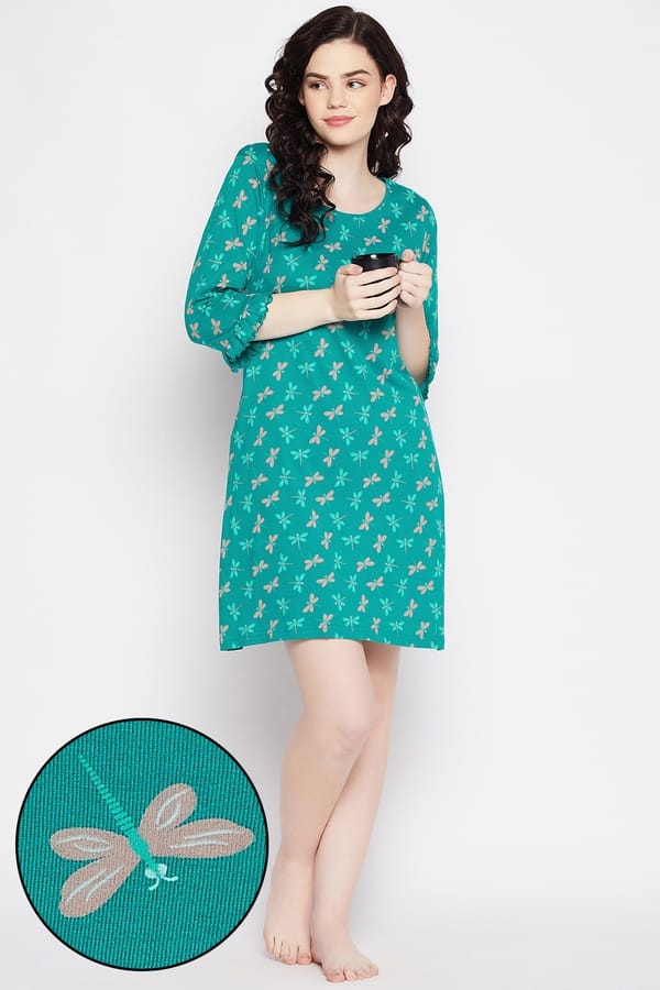 Buy Butterfly Print Short Night Dress in Teal Blue - 100% Cotton Online ...