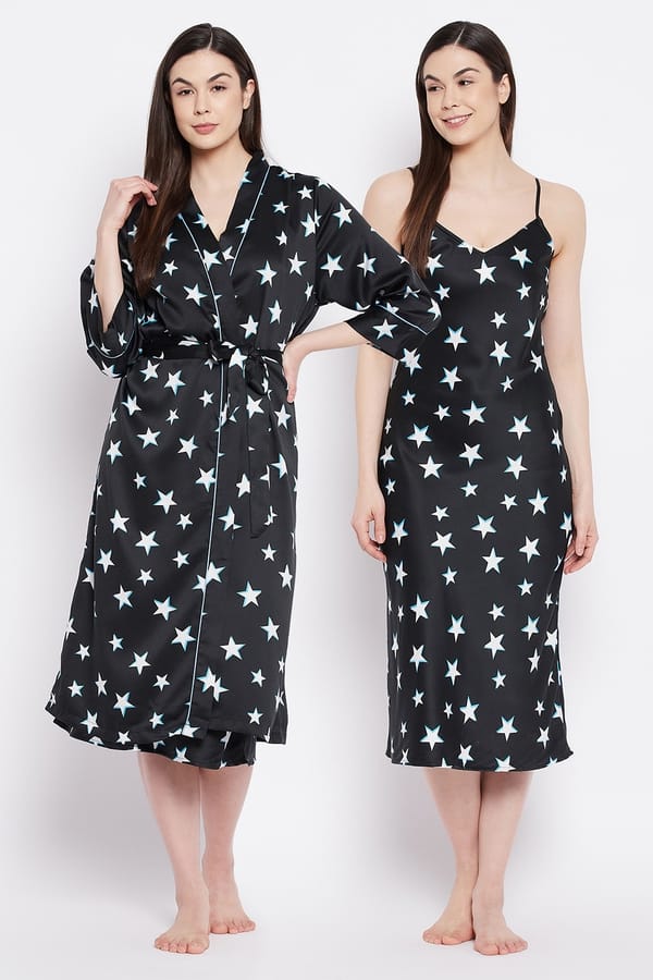 Buy Star Print Mid-Length Nighty & Robe Set in Black - Satin Online ...