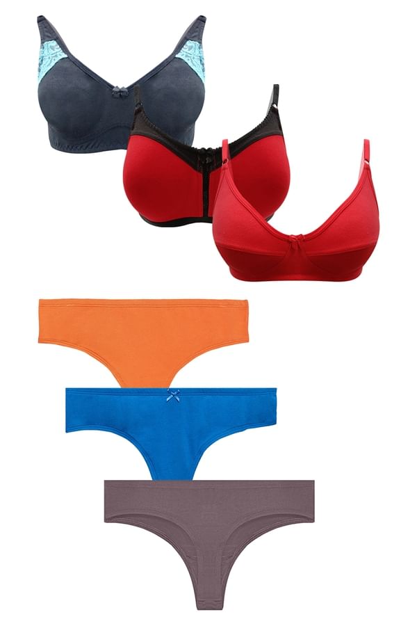 Buy Pack of 6 Non-Padded Non-Wired Full Cup Bra & Low Waist Thongs ...