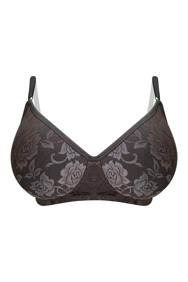 Buy Padded Non-Wired Full Cup Self-Patterned Bra in Dark Grey - Lace ...