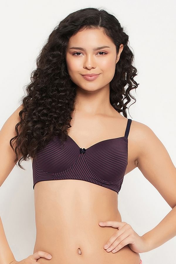 Buy Padded Non Wired Full Cup Striped Multiway T Shirt Bra In Navy