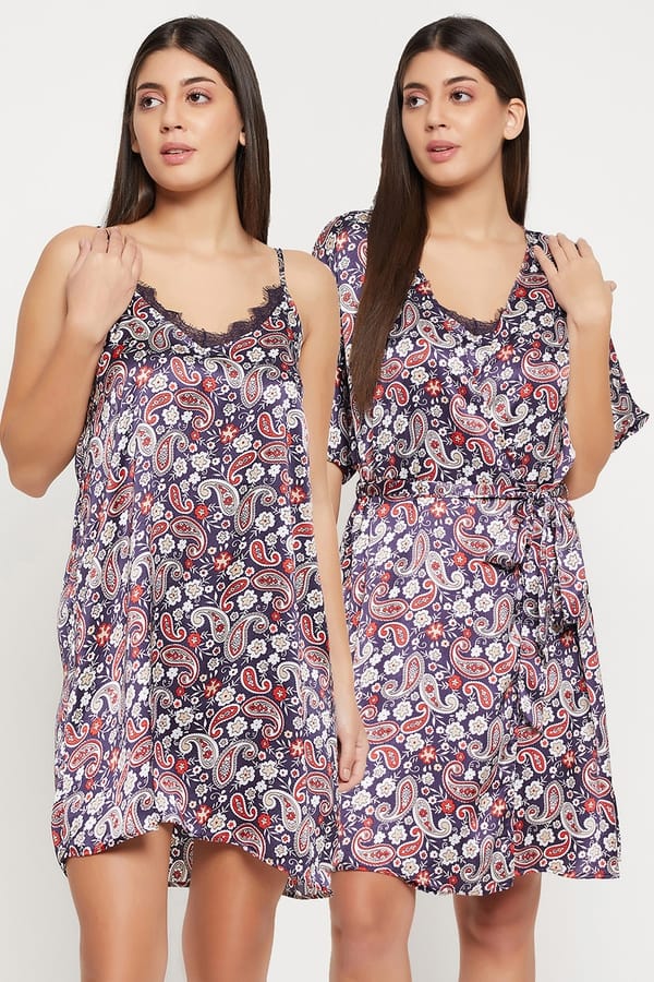 Buy 2 Pc Set in Navy - Paisley Print Short Night Dress & Robe - Satin ...