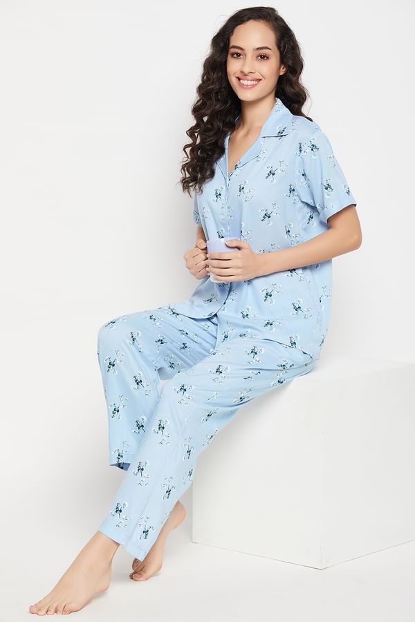 Buy Pretty Floral Button Down Shirt & Pyjama Set in Blue - Rayon Online ...