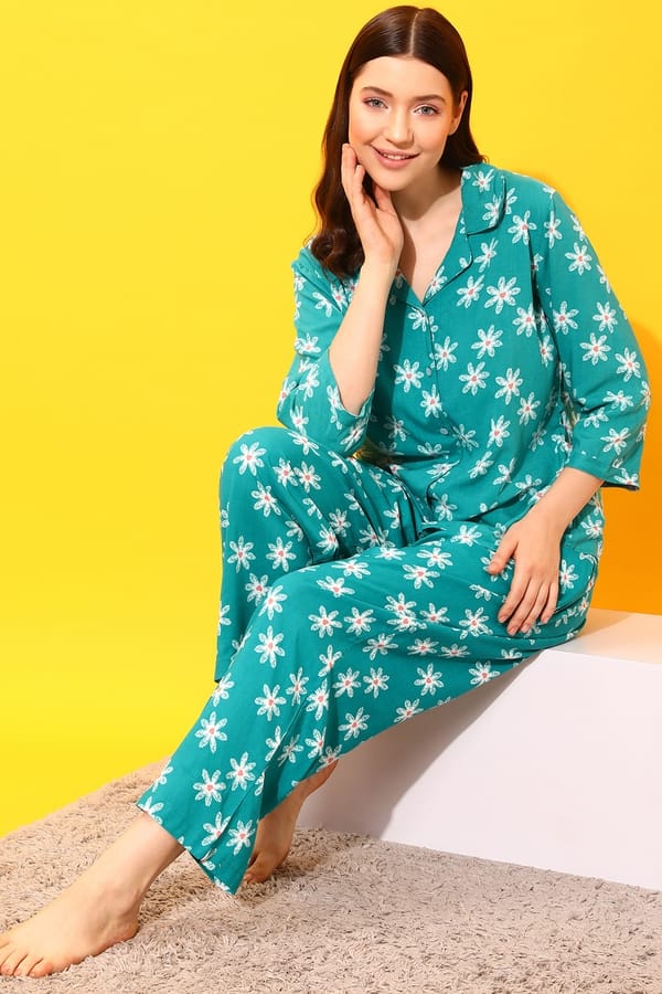 Buy Pretty Florals Button Down Shirt & Pyjama Set in Sea Green - 100% ...