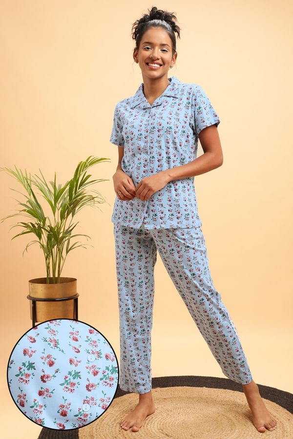 Buy Pretty Florals Button Down Shirt & Pyjama Set in Cornflower Blue ...