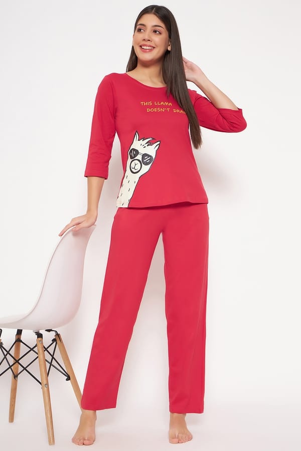 Buy Print Me Pretty Top & Chic Basic Pyjama Set in Red - 100% Cotton ...