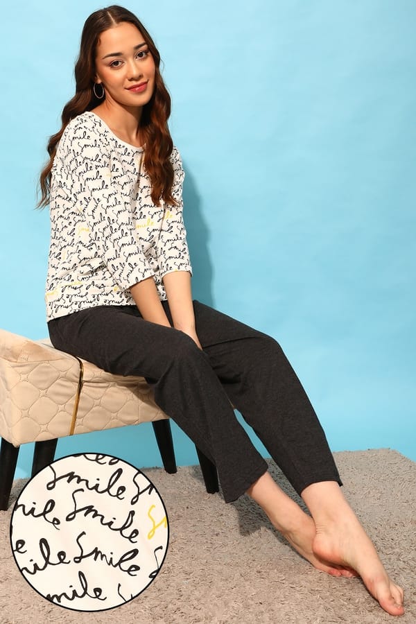 Buy Print Me Pretty Top in White & Chic Basic Pyjama Set in Dark Grey ...