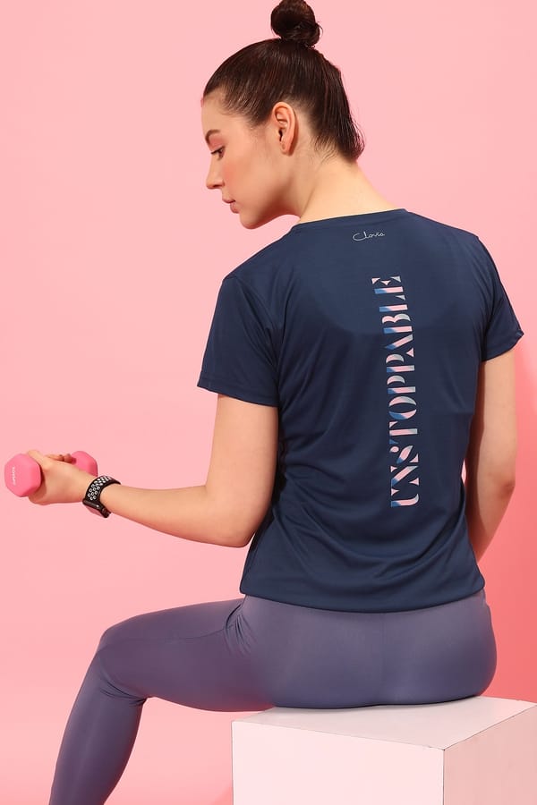 Buy Comfort-Fit Quick-Dry Text Print Active T-shirt in Navy Blue Online ...