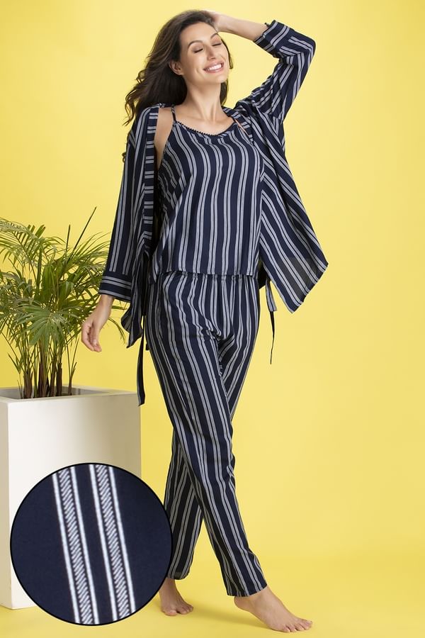 Buy Sassy Stripes Top, Pyjama & Robe Set in Navy - Rayon Online India ...