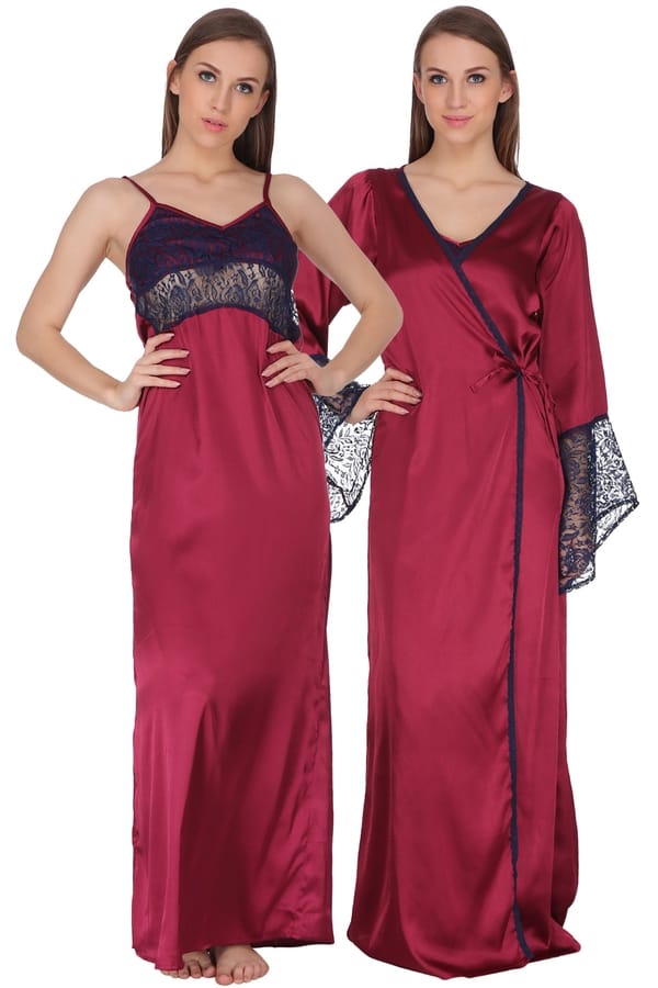 Buy Long Night Dress & Full Sleeves Robe Set in Wine- Satin Online ...
