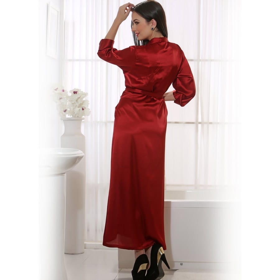 Buy Set Of Long Satin Robe And Sheer Lacy Night Slip In Maroon Online ...