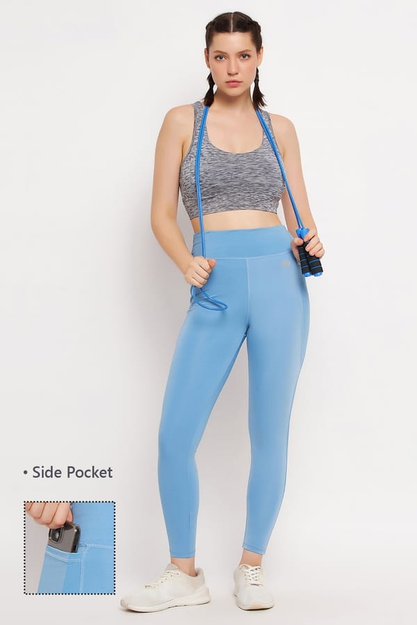 Buy High Rise Active Tights in Sky Blue with Side Pocket Online India ...