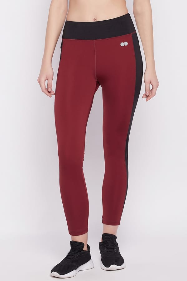 Buy Snug-Fit High Rise Coourblocked Active Tights in Maroon Online ...