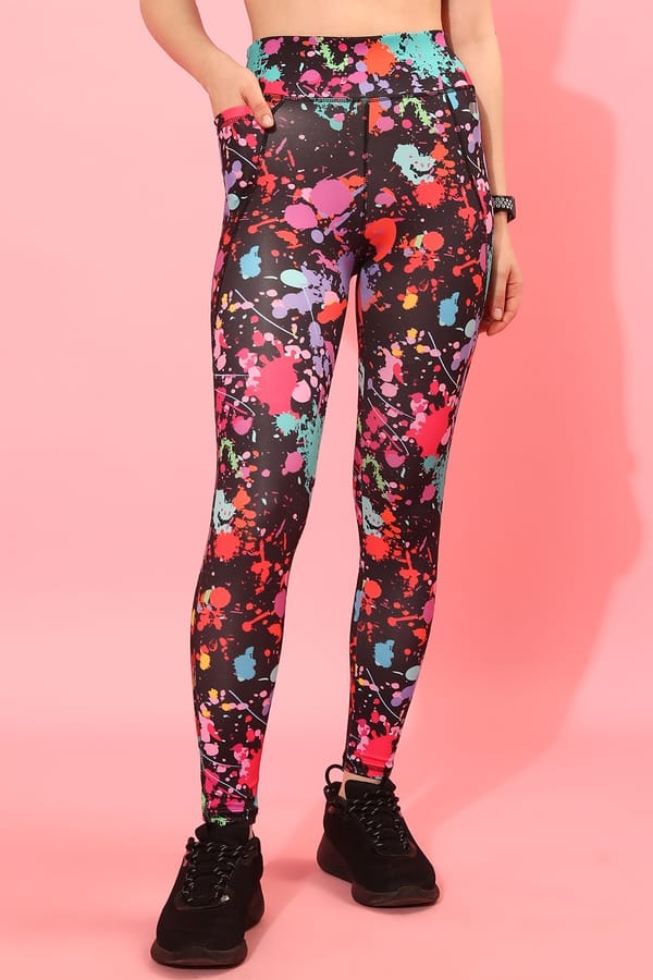 Buy High Rise Paint Splatter Print Active Tights in Black with Side ...