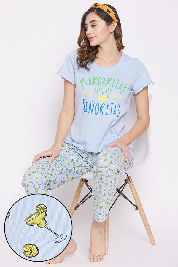 Buy Text & Graphic Print Top & Printed Pyjama Set in Light Blue - 100% ...